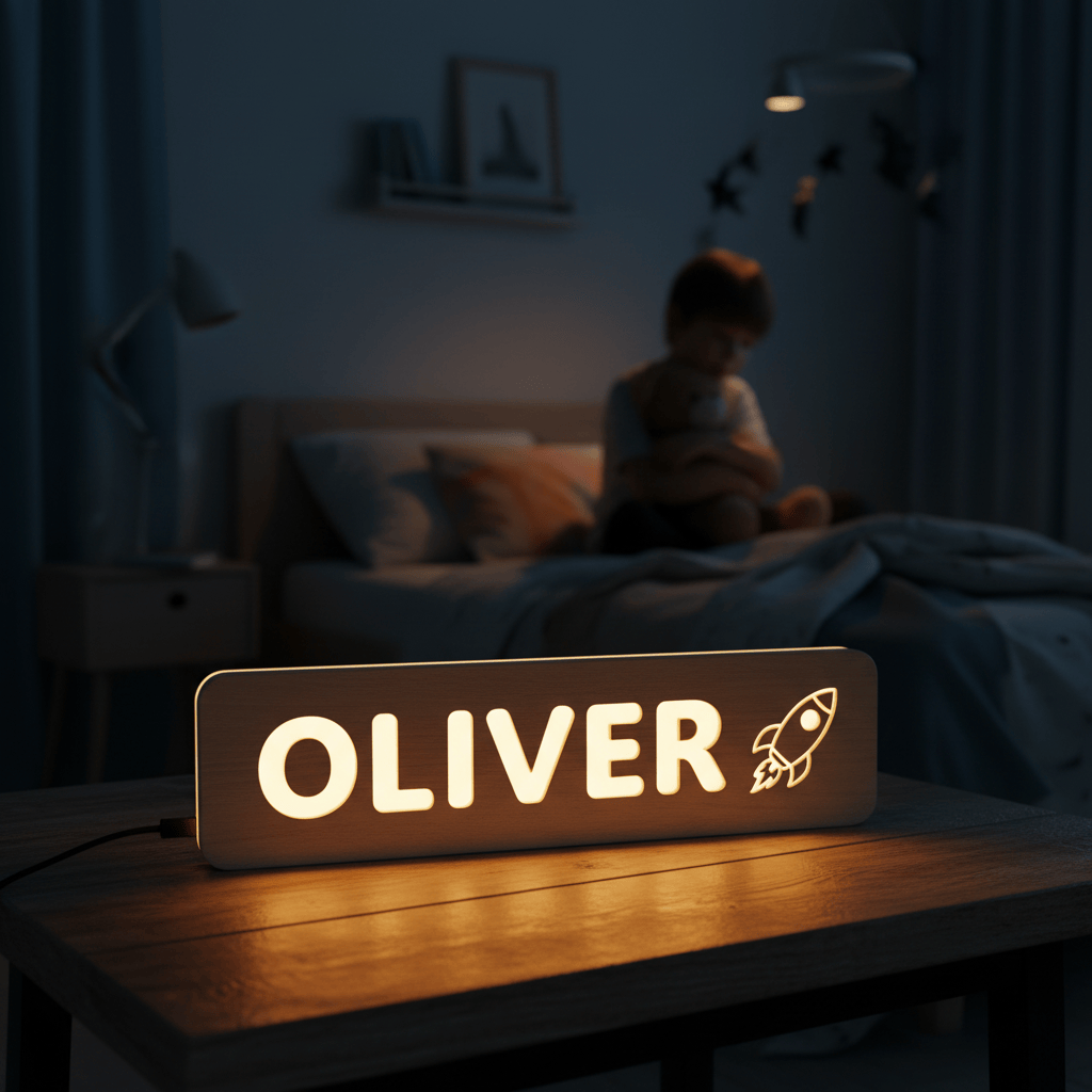 Lampe Personnalisée Bois Nom et Motif Gravé pour Chambre d'Enfant
